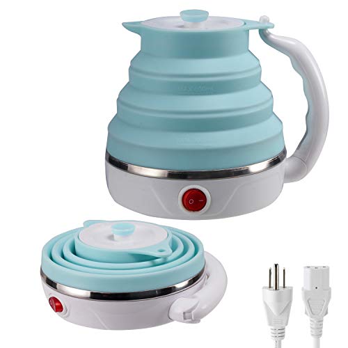 Travel Foldable Electric Kettle, Collapsible Electric Kettle Food Grade Silicone Small Electric Kettle Boiling water,Dual Voltage(600ml,110-220V US Plug) (Blue)