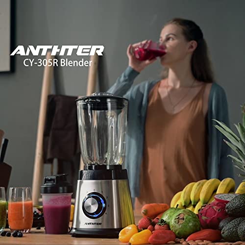 Anthter CY-305R Professional Blender, 950W High Power Blenders For Kitchen, Stainless Countertop Smoothie Blender, 50 Oz Glass Jar & 24-Ounce Smoothie Cup, Ideal for Smoothies, Shakes & Frozen Drinks