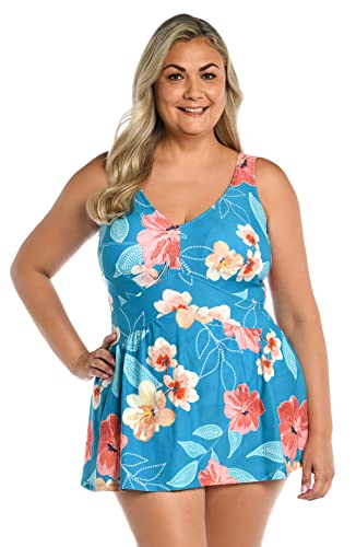 Maxine Of Hollywood Women's V-Neck Swim Dress One Piece Swimsuit, Emerald//Crafted Botanical, 18W