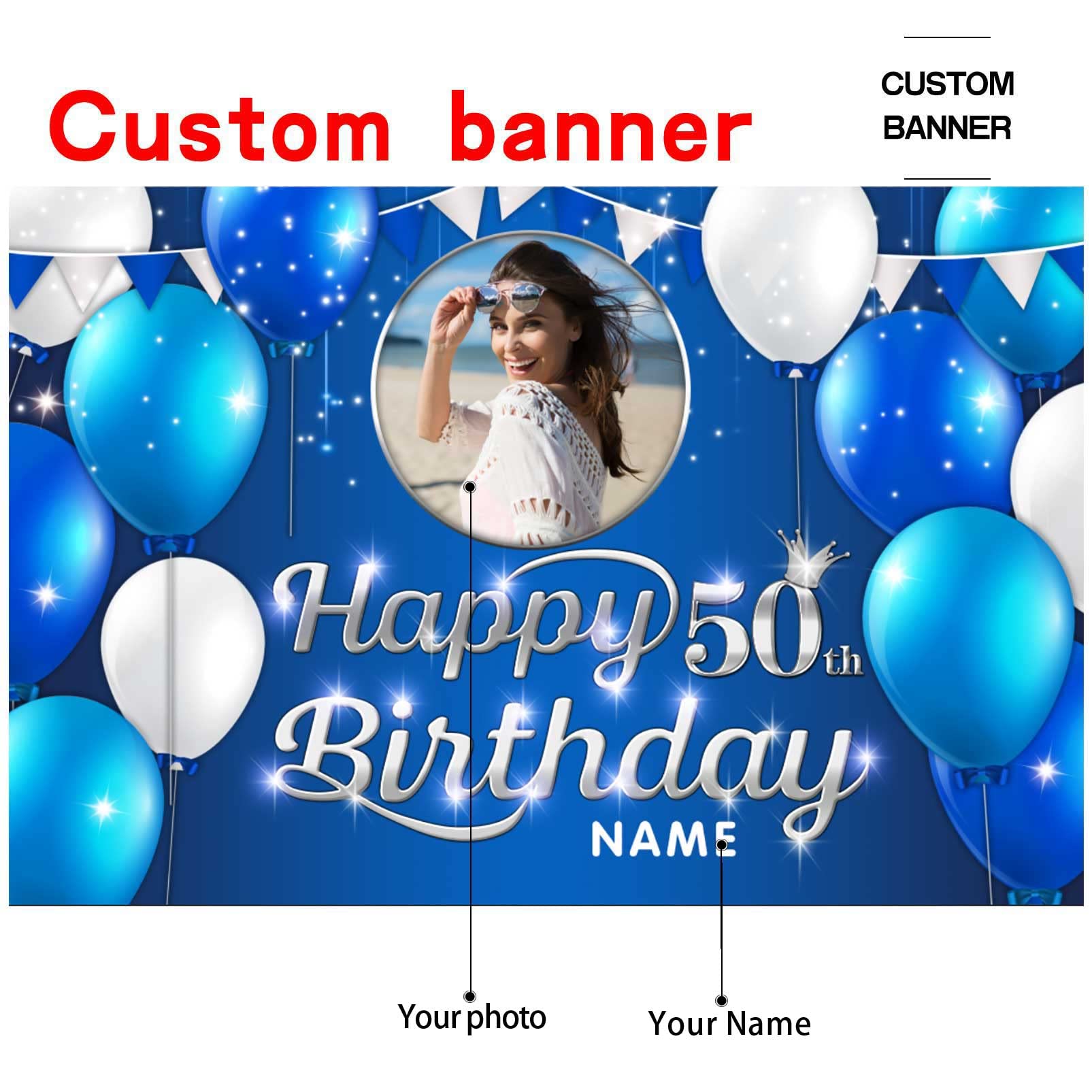 Custom Navy Blue Happy 50th Birthday Decoration Banner - Personalized with Photos and Names