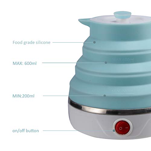 Travel Foldable Electric Kettle, Collapsible Electric Kettle Food Grade Silicone Small Electric Kettle Boiling water,Dual Voltage(600ml,110-220V US Plug) (Blue)