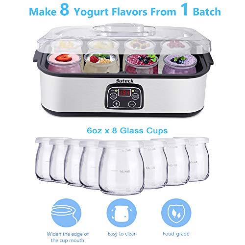 Yogurt Maker Automatic Digital Yoghurt Maker Machine with 8 Glass Jars 48 Ozs (6Oz Each Jar) LCD Display with Constant Temperature Control Stainless Steel Design for Home Use