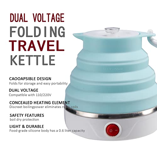 Travel Foldable Electric Kettle, Collapsible Electric Kettle Food Grade Silicone Small Electric Kettle Boiling water,Dual Voltage(600ml,110-220V US Plug) (Blue)