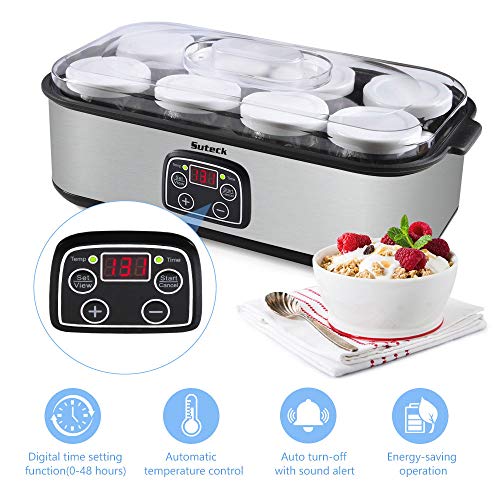 Yogurt Maker Automatic Digital Yoghurt Maker Machine with 8 Glass Jars 48 Ozs (6Oz Each Jar) LCD Display with Constant Temperature Control Stainless Steel Design for Home Use