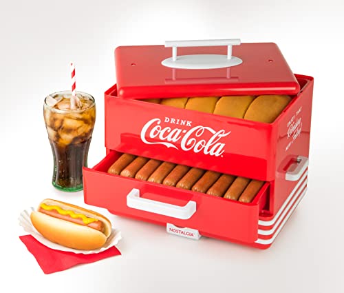 Nostalgia Extra Large Diner-Style Coca-Cola Hot Dog Steamer and Bun Warmer, 24 Hot Dog and 12 Bun Capacity, Steam Bratwursts, Sausages, Vegetables, Fish, Dumplings, Red