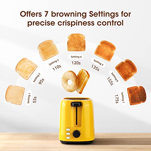iSiLER 2 Slice Toaster, 1.3 Inches Wide Slot Bagel Toaster with 7 Shade Settings and Double Side Baking, Compact Bread Toaster with Removable Crumb Tray, Defrost Cancel Function Yellow