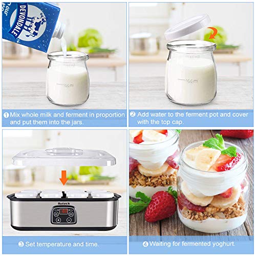 Yogurt Maker Automatic Digital Yoghurt Maker Machine with 8 Glass Jars 48 Ozs (6Oz Each Jar) LCD Display with Constant Temperature Control Stainless Steel Design for Home Use