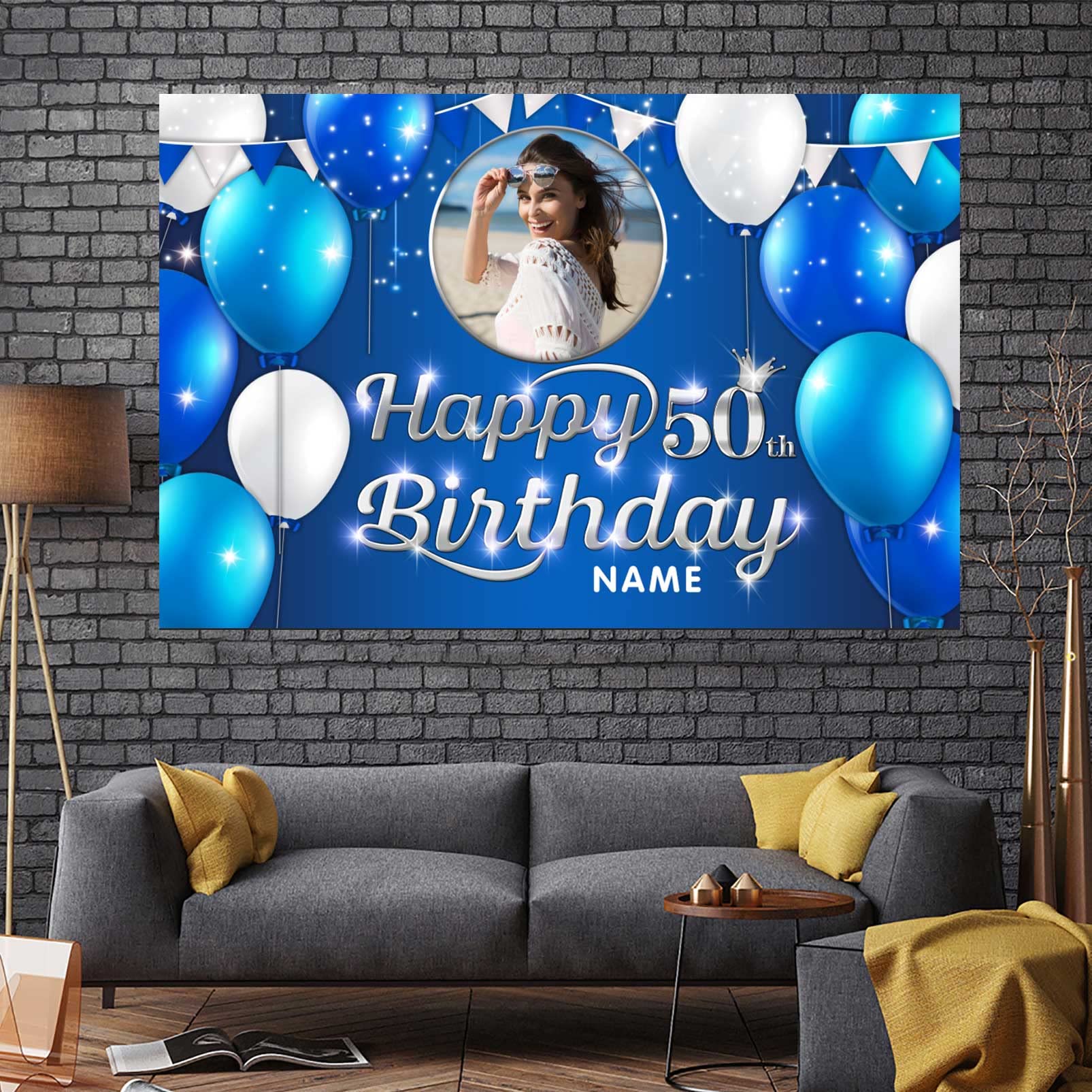 Custom Navy Blue Happy 50th Birthday Decoration Banner - Personalized with Photos and Names