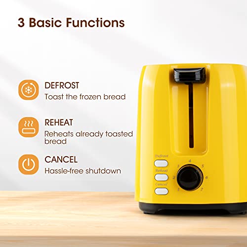 iSiLER 2 Slice Toaster, 1.3 Inches Wide Slot Bagel Toaster with 7 Shade Settings and Double Side Baking, Compact Bread Toaster with Removable Crumb Tray, Defrost Cancel Function Yellow