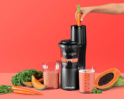 nutribullet Slow Juicer, Slow Masticating Juicer Machine, Easy to Clean, Quiet Motor & Reverse Function, BPA-Free, Cold Press Juicer with Brush, 150 Watts, Charcoal Black, NBJ50300