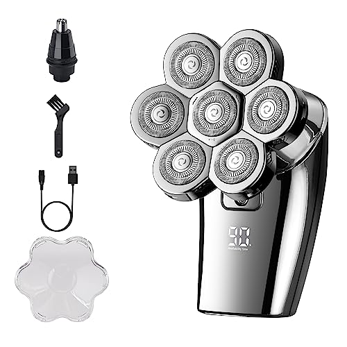 UPTARD Electric Head Shavers for Men, Bald Razor Men,Head Shaver with Nose Hair Sideburns Trimmer, LED,Travle Lock (Silver) 7.17×4.2×4.41 (HT1699)