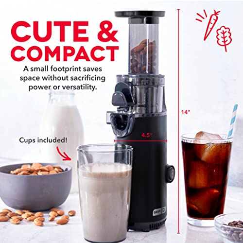 DASH Deluxe Compact Masticating Slow Juicer, Easy to Clean Cold Press Juicer with Brush, Pulp Measuring Cup, Frozen Attachment and Juice Recipe Guide - Black