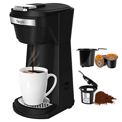 Teglu 2 in 1 Single Serve Coffee Maker for K Cup Pods & Ground Coffee, Mini K Cup Coffee Machine with 6 to 14 oz Brew Sizes, Single Cup Coffee Brewer with One-Press Fast Brewing, Reusable Filters