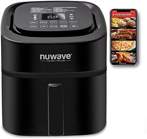 Nuwave Brio 8-Qt Air Fryer, Powerful 1800W, Easy-to-Read Cool White Display, 50°-400°F Temp Controls, 100 Pre-Programmed Presets & 50 Memory Slots, Integrated Smart Thermometer, Linear T Technology