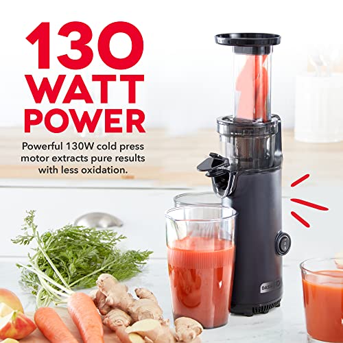 DASH Deluxe Compact Masticating Slow Juicer, Easy to Clean Cold Press Juicer with Brush, Pulp Measuring Cup, Frozen Attachment and Juice Recipe Guide - Black