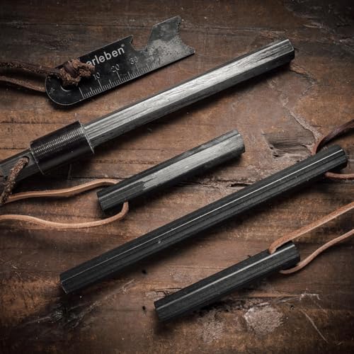 überleben Hexå Lite Ferro Rod Fire Starter for Survival – Up to 20,000 Strikes, 3" Long, 1/2" Thick Hexagon Fire Steel with Striker and Lanyard – Waterproof Flint and Steel for Camping