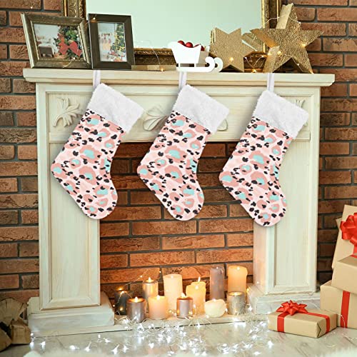 Kigai Christmas Stockings Pink Leopard Spots Large Candy Stockings Stuffers Kids Cute Xmas Sock Decorations 2PCS for Home Holiday Party 12" x18"