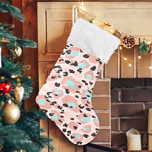 Kigai Christmas Stockings Pink Leopard Spots Large Candy Stockings Stuffers Kids Cute Xmas Sock Decorations 2PCS for Home Holiday Party 12" x18"