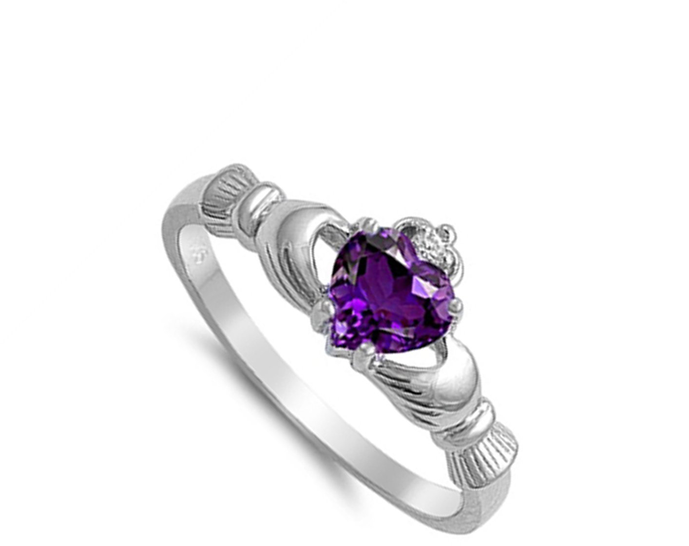 Simulated Amethyst Heart Claddagh Friendship Ring .925 Sterling Silver Band Size 6