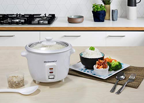 Elite Gourmet Elite Cuisine ERC006 Electric Rice Cooker with Automatic Keep Warm Makes Soups, Stews, Grains, Hot Cereals, White, 6 Cups Cooked (3 Cups Uncooked