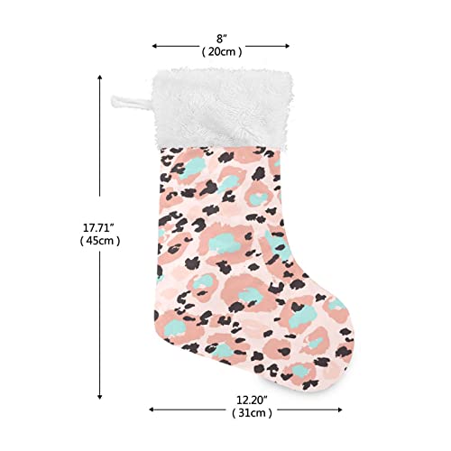 Kigai Christmas Stockings Pink Leopard Spots Large Candy Stockings Stuffers Kids Cute Xmas Sock Decorations 2PCS for Home Holiday Party 12" x18"