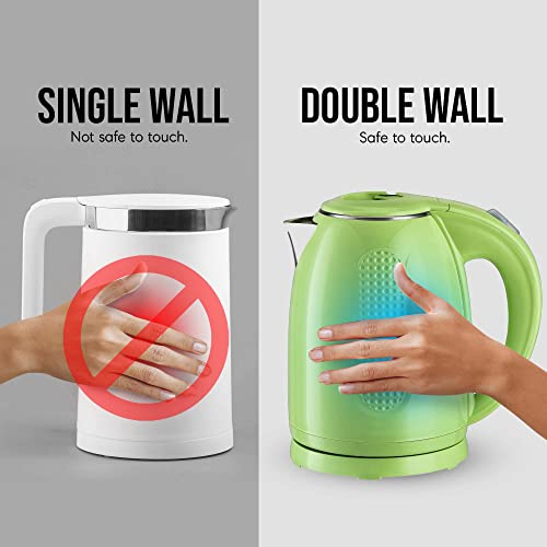 Ovente Portable Electric Kettle Stainless Steel Instant Hot Water Boiler Heater 1.7 Liter 1100W Double Wall Insulated Fast Boiling with Automatic Shut Off for Coffee Tea & Cold Drinks, Green KD64G