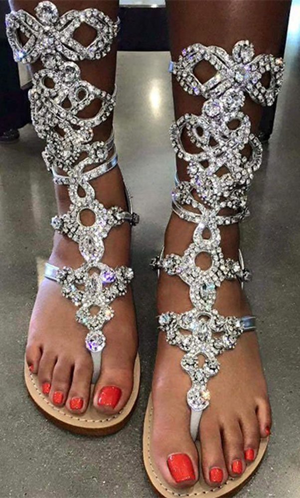Hinyyrin Women's Rhinestone Sandals Silver Gladiator Sandals Summer Flat Dress Sandals Beach Wedding Banquet Size 7