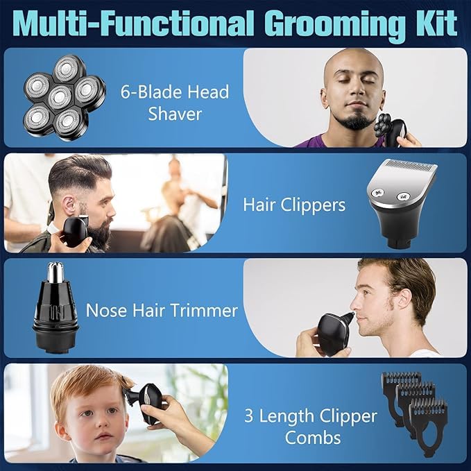 Electric Head Shaver for Bald Men, 6 in 1 Mens Electric Head Razor Bald Head Shaver Cordless Electric Razor Men, IPX7 Wet/Dry Waterproof Men's Rotary with Head Shavers Kit LED Display Silver