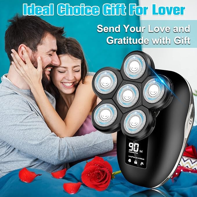 Electric Head Shaver for Bald Men, 6 in 1 Mens Electric Head Razor Bald Head Shaver Cordless Electric Razor Men, IPX7 Wet/Dry Waterproof Men's Rotary with Head Shavers Kit LED Display Silver