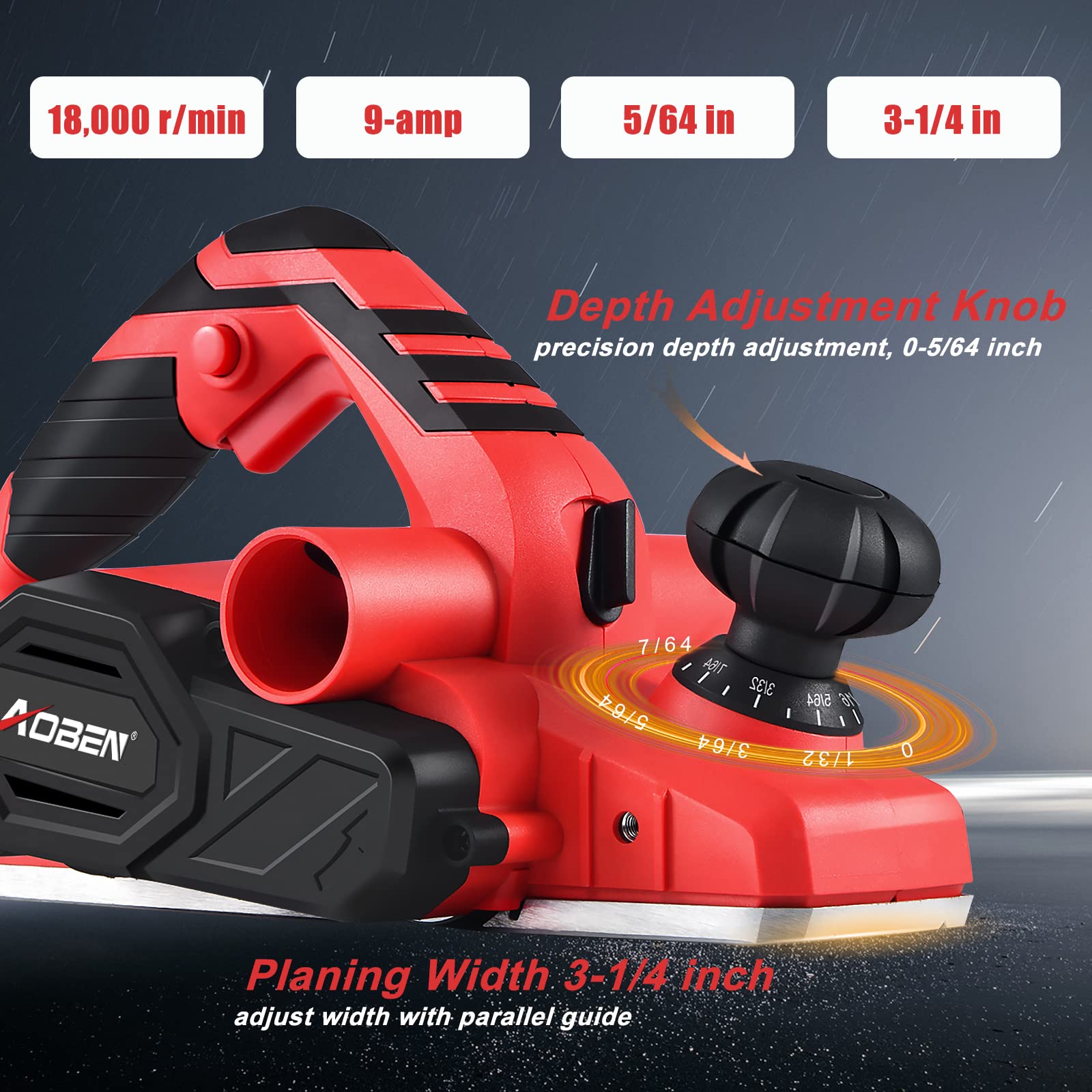 AOBEN 9-Amp Electric Hand Planer, 3-1/4-Inch 18000RPM Wood Planer for Woodworking, Power Handheld Planer for Wood Chamfer DIY, Dual Side Dust Outlet