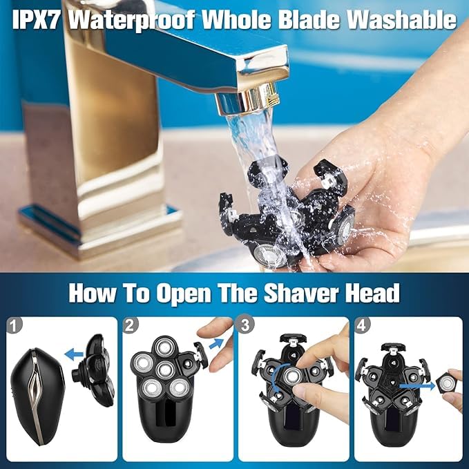 Electric Head Shaver for Bald Men, 6 in 1 Mens Electric Head Razor Bald Head Shaver Cordless Electric Razor Men, IPX7 Wet/Dry Waterproof Men's Rotary with Head Shavers Kit LED Display Silver
