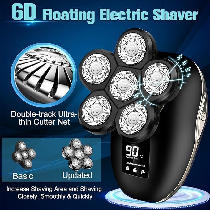 Electric Head Shaver for Bald Men, 6 in 1 Mens Electric Head Razor Bald Head Shaver Cordless Electric Razor Men, IPX7 Wet/Dry Waterproof Men's Rotary with Head Shavers Kit LED Display Silver