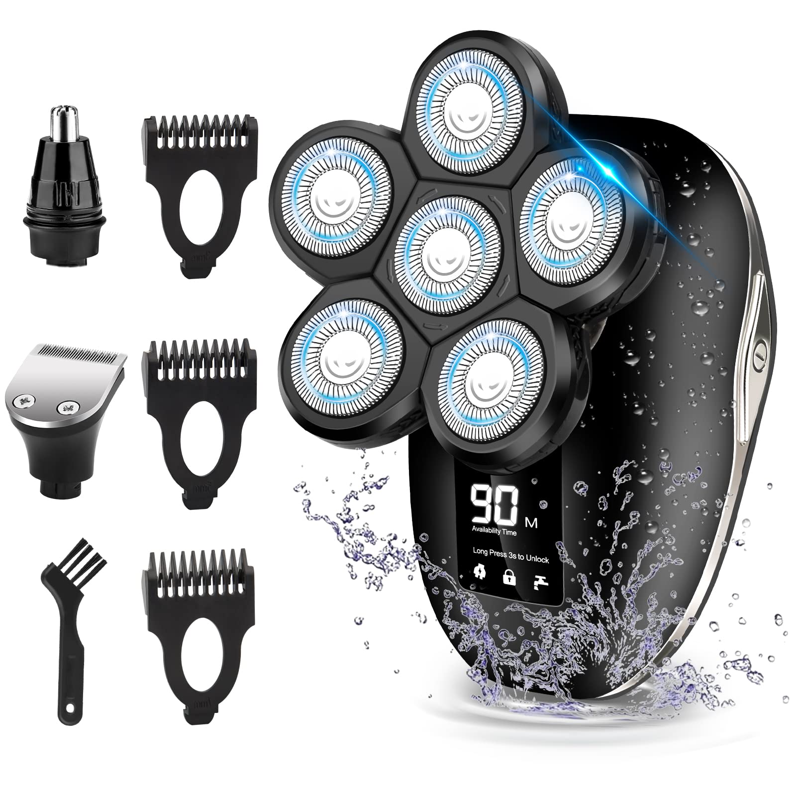 Electric Head Shaver for Bald Men, 6 in 1 Mens Electric Head Razor Bald Head Shaver Cordless Electric Razor Men, IPX7 Wet/Dry Waterproof Men's Rotary with Head Shavers Kit LED Display Silver