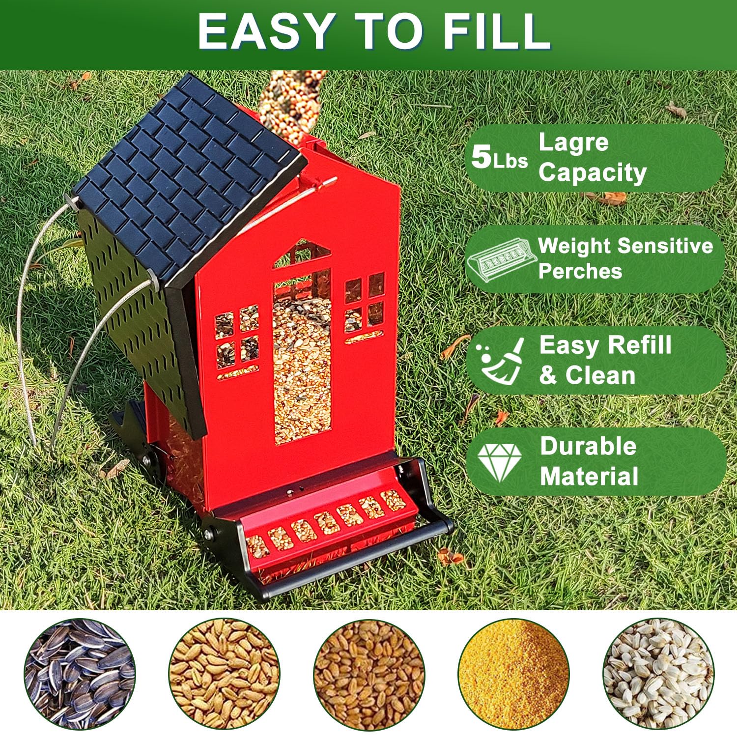 Squirrel Proof Bird Feeder, Red Metal Bird Seed Feeder for Outdoors Hanging Chew-Proof, 5lbs Large Seed Capacity for Cardinal, Finch, Sparrow, Blue Jay, Swallow, Parrot