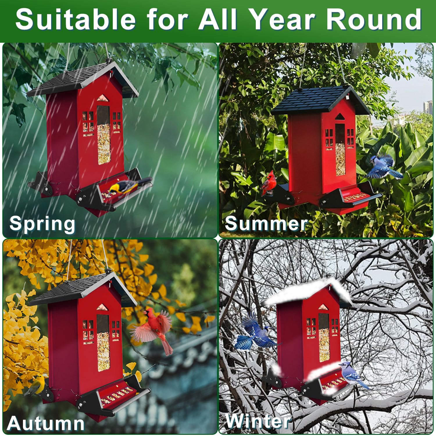 Squirrel Proof Bird Feeder, Red Metal Bird Seed Feeder for Outdoors Hanging Chew-Proof, 5lbs Large Seed Capacity for Cardinal, Finch, Sparrow, Blue Jay, Swallow, Parrot
