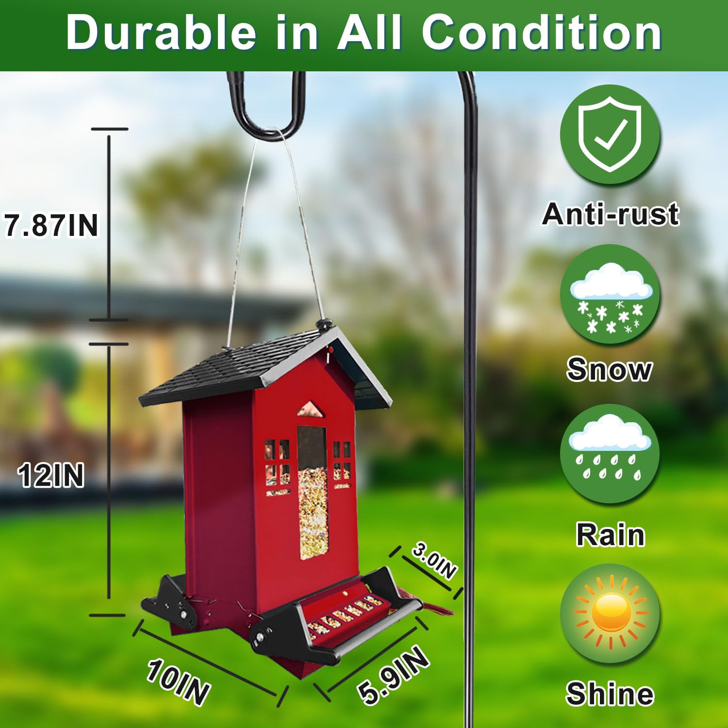 Squirrel Proof Bird Feeder, Red Metal Bird Seed Feeder for Outdoors Hanging Chew-Proof, 5lbs Large Seed Capacity for Cardinal, Finch, Sparrow, Blue Jay, Swallow, Parrot