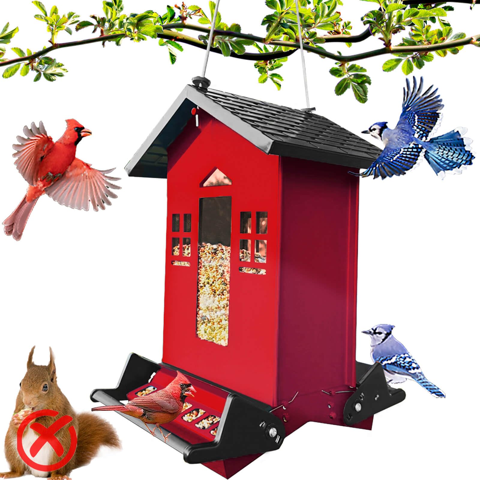Squirrel Proof Bird Feeder, Red Metal Bird Seed Feeder for Outdoors Hanging Chew-Proof, 5lbs Large Seed Capacity for Cardinal, Finch, Sparrow, Blue Jay, Swallow, Parrot