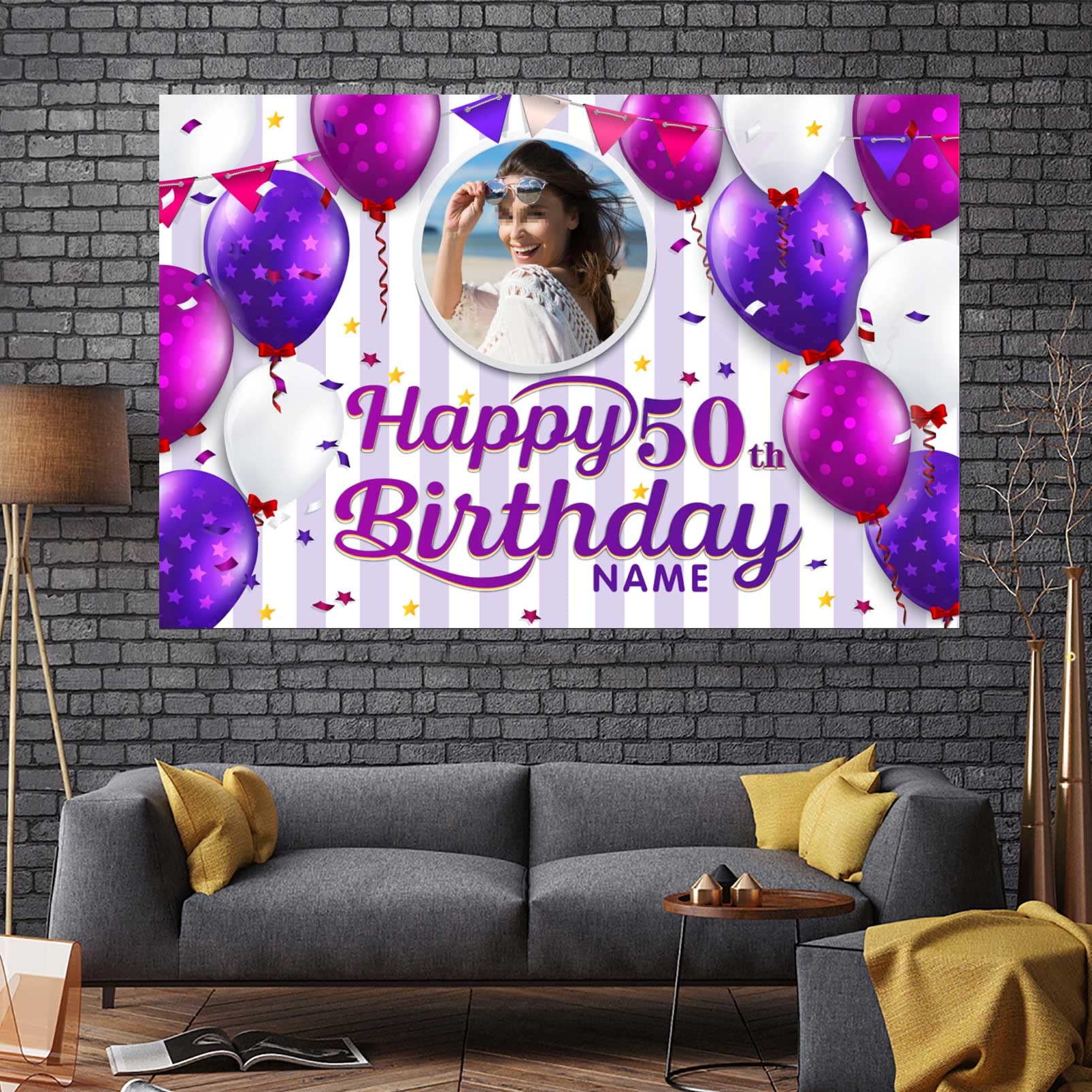 Custom Happy 50th Birthday Decoration Banner - Personalization Available, Purple, Large Size - Custom Photos and Names