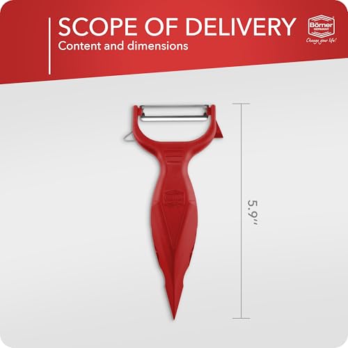 Börner Vegetable Peeler (6-in-1) • Garnishing Peeler with Grater • Multifunctional Peeler for Fruits & Vegetables • Fruit Peeler, Universal Peeler, Potato Peeler • Color: Red