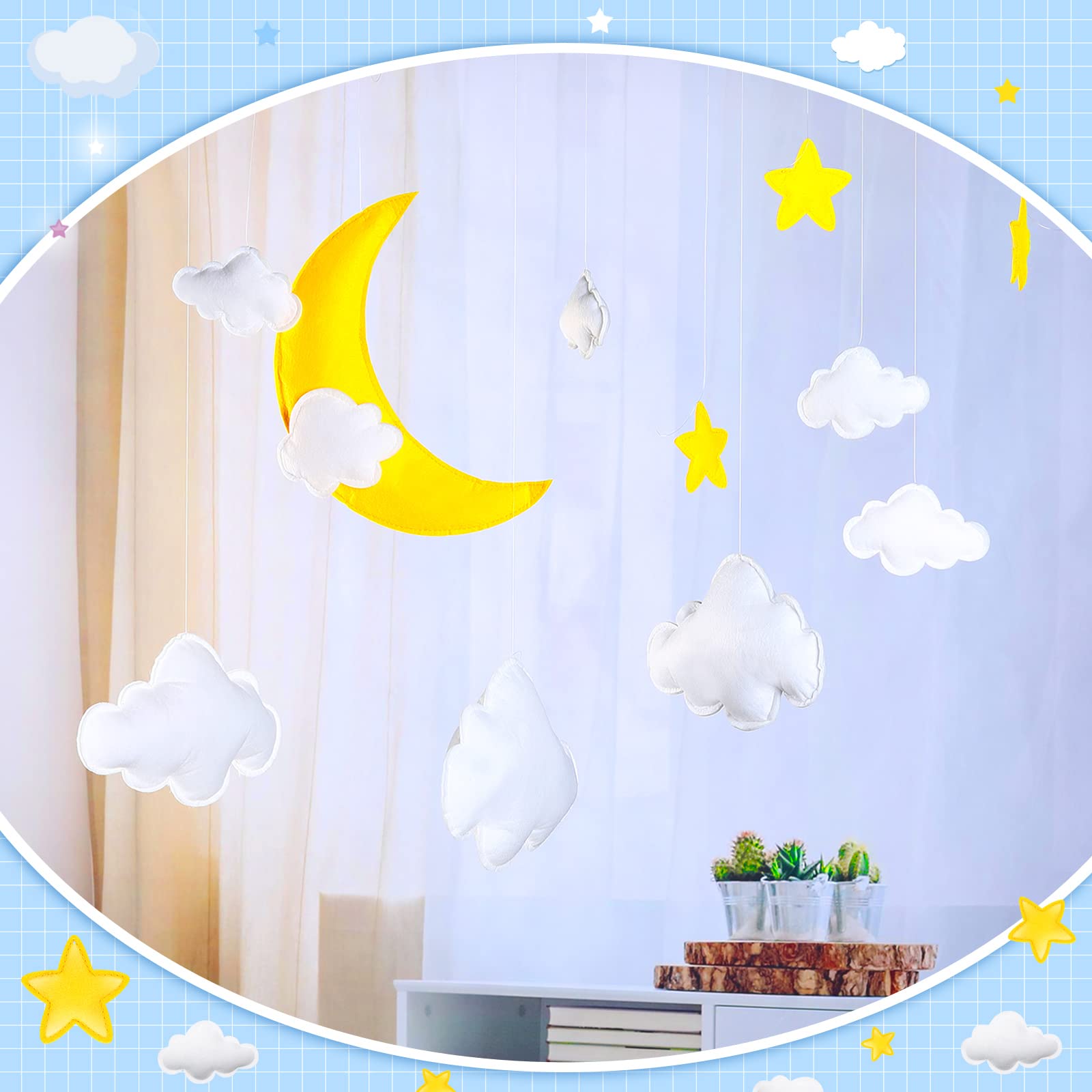 16 Pcs 3D Cloud Hanging for Ceiling Decorations Star Moon Decorations Felt Fake Cloud Party Ornaments Star Moon Props for Nursery Children Room Baby Room Art Wedding