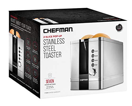 Chefman 2-Slice Pop-Up Stainless Steel Toaster w/ 7 Shade Settings, Extra Wide Slots for Toasting Bagels, Defrost/Reheat/Cancel Functions, Removable Crumb Tray, 850W, 120V, Silver