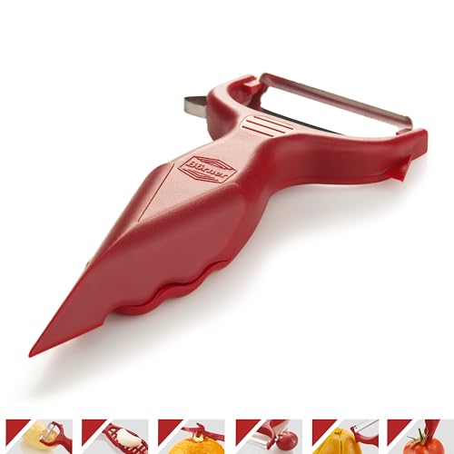Börner Vegetable Peeler (6-in-1) • Garnishing Peeler with Grater • Multifunctional Peeler for Fruits & Vegetables • Fruit Peeler, Universal Peeler, Potato Peeler • Color: Red