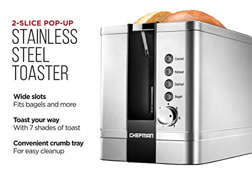 Chefman 2-Slice Pop-Up Stainless Steel Toaster w/ 7 Shade Settings, Extra Wide Slots for Toasting Bagels, Defrost/Reheat/Cancel Functions, Removable Crumb Tray, 850W, 120V, Silver