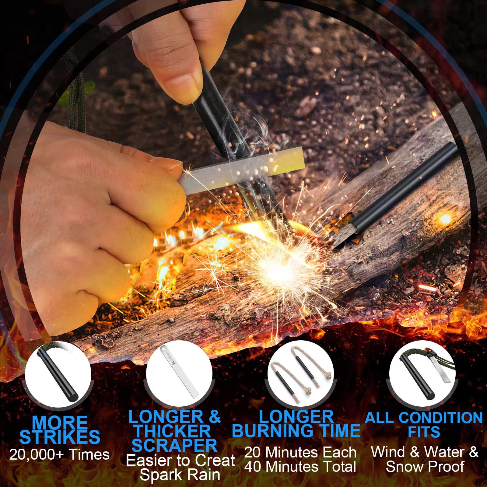 Ferro Rod Fire Starter Kit with 5 Inch Flint and Steel, Two 12 Inch Wax-Impregnated Tinders, 50 Inch 7-Core Paracord for Camping, Hiking, Boy Scouts, and Emergency Preparedness