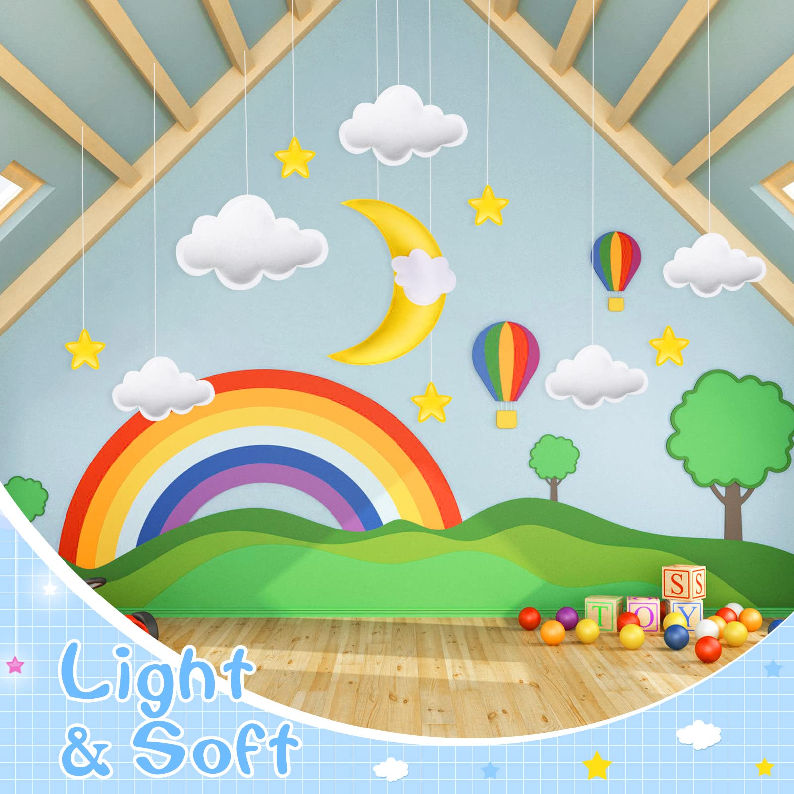 16 Pcs 3D Cloud Hanging for Ceiling Decorations Star Moon Decorations Felt Fake Cloud Party Ornaments Star Moon Props for Nursery Children Room Baby Room Art Wedding