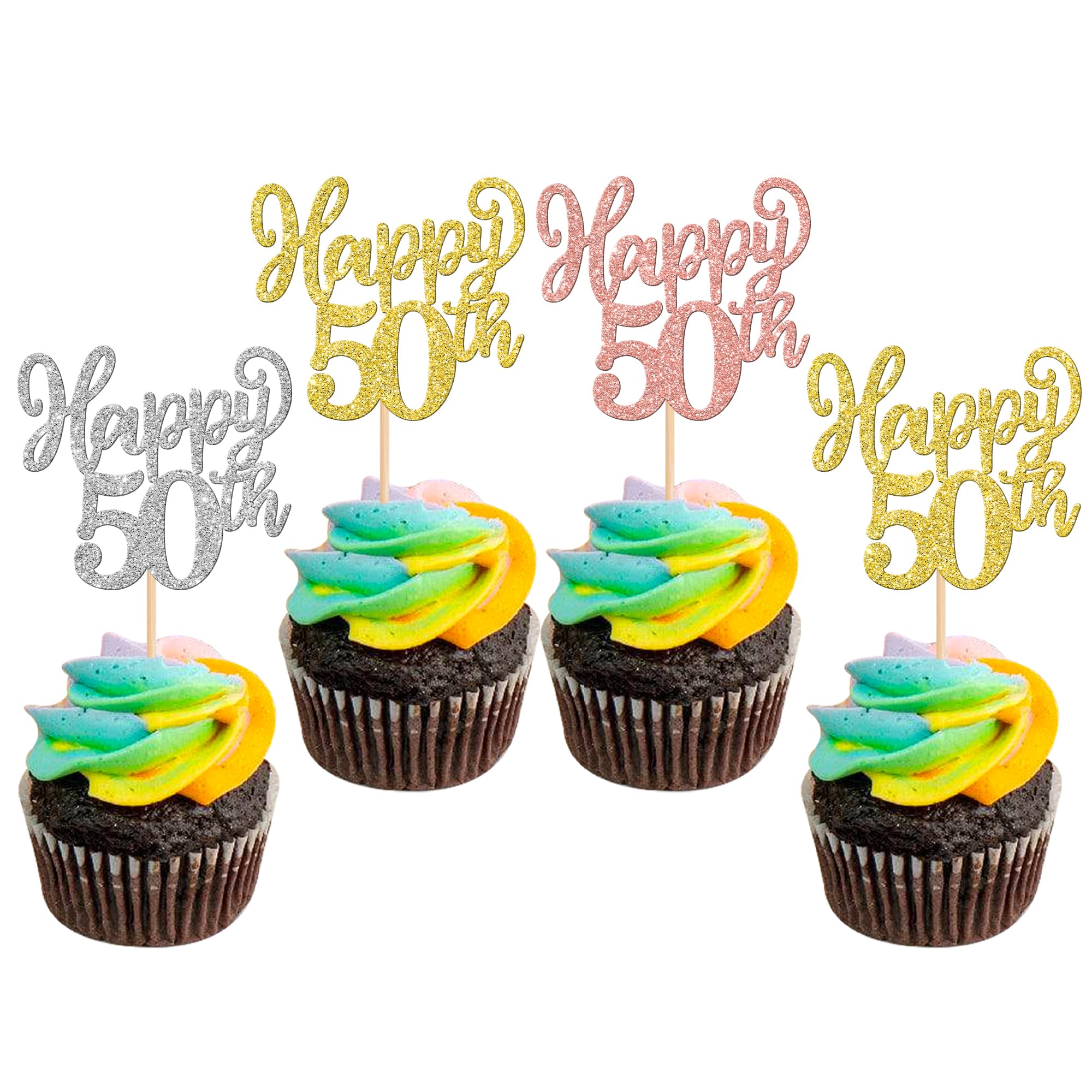 24PCS Happy 50th Cupcake Toppers Gold Rose Gold Silver Glitter Fifty Cheers to 50 Cupcake Picks 50 Fabulous Number 50 Birthday Cake Decorations for 50th Birthday Wedding Anniversary Party Supplies