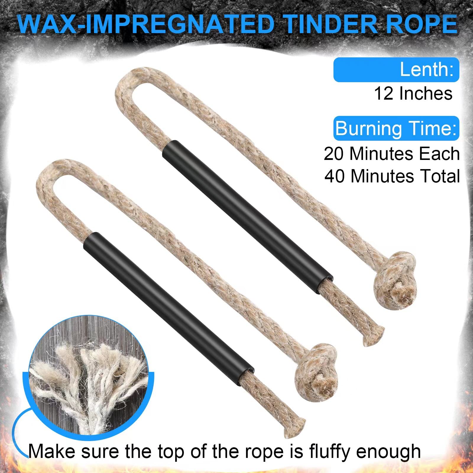 Ferro Rod Fire Starter Kit with 5 Inch Flint and Steel, Two 12 Inch Wax-Impregnated Tinders, 50 Inch 7-Core Paracord for Camping, Hiking, Boy Scouts, and Emergency Preparedness