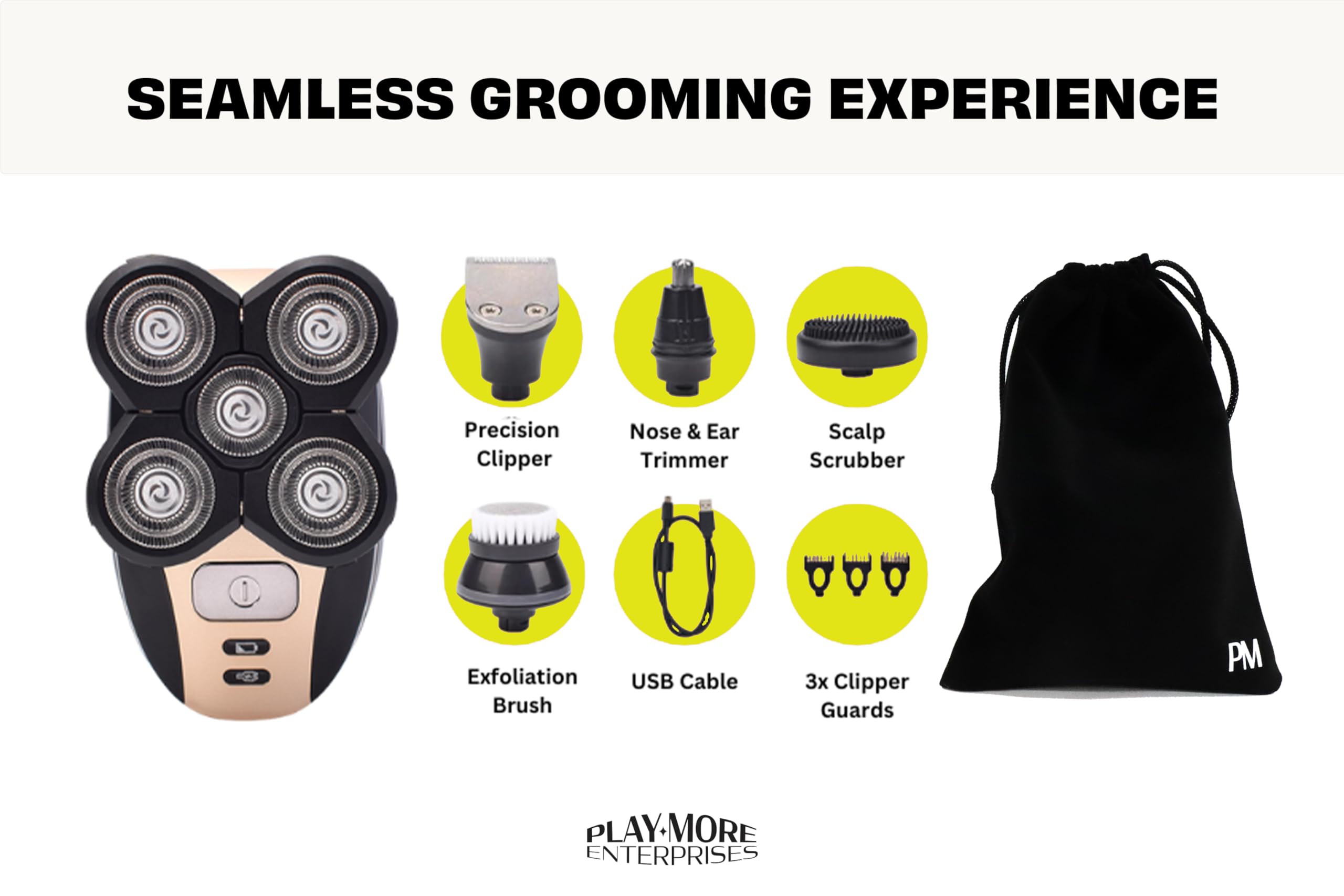 PLAY MORE ENTERPRISES 5 Head Shavers for Bald Men - Wet Dry Head Shavers for Men - Electric Razor for Bald Hair - Head Shaver Kit - Rechargeable Bald Head Shaver with Trimmers and Cleaning Brush
