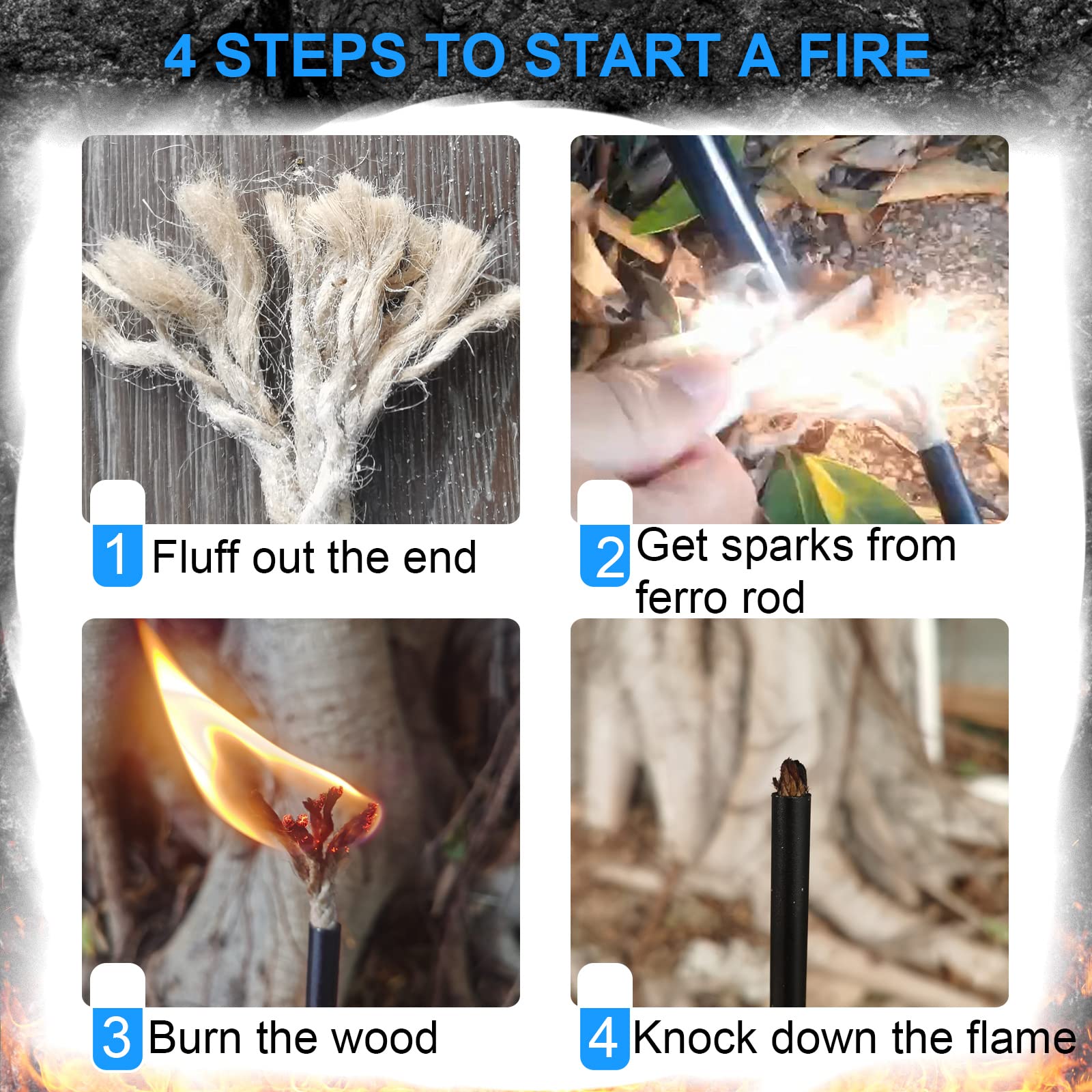 Ferro Rod Fire Starter Kit with 5 Inch Flint and Steel, Two 12 Inch Wax-Impregnated Tinders, 50 Inch 7-Core Paracord for Camping, Hiking, Boy Scouts, and Emergency Preparedness