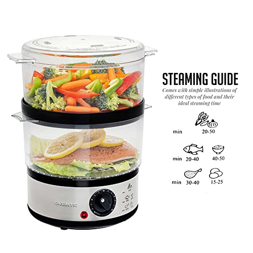 Ovente Electric Food Steamer 5 Quart with 2 Tier Stackable BPA-Free Baskets, 400W Stainless Steel Base, Auto Shut-Off and 60-Minute Timer, Fast Steaming Ideal for Vegetable and Fish, Silver FS62S